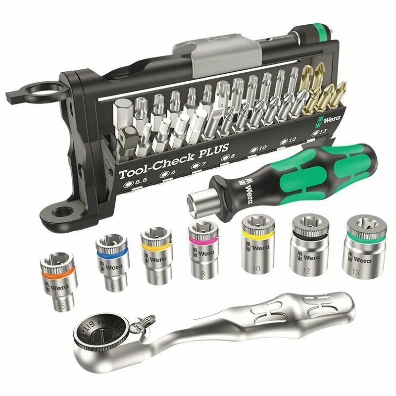 WERA 05056490001 Tool-Check Plus Отвертка с шлицем и трещоткой, головка 1/4", 39 предметов, многофункциональная метрическая головка Kraftform Kompakt 27 RA