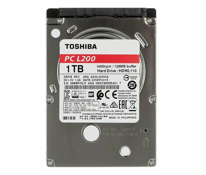 2.5" 1 ТБ Жесткий диск Toshiba Slim (HDWL110UZSVA) - SATA3 6.0 Гбит/с, 5400 об/мин, кэш памяти - 128 МБ