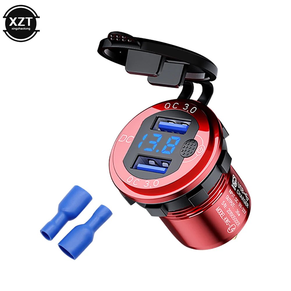 Двойное автомобильное зарядное устройство QC3.0, розетка прикуривателя, водонепроницаемая USB-зарядка с переключателем вольтметра, адаптер для быстрой зарядки 12/24 В, red