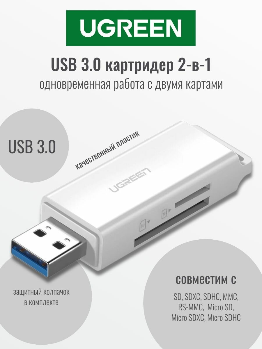 Картридер UGREEN CM104 (40753) USB 3.0 TF + SD Dual Card Reader