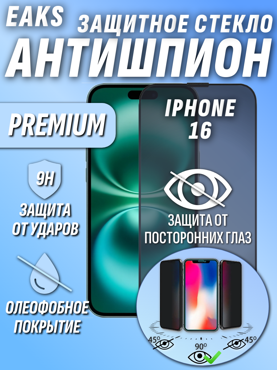Защитное стекло iPhone 16 антишпион закаленное броне покрытие
