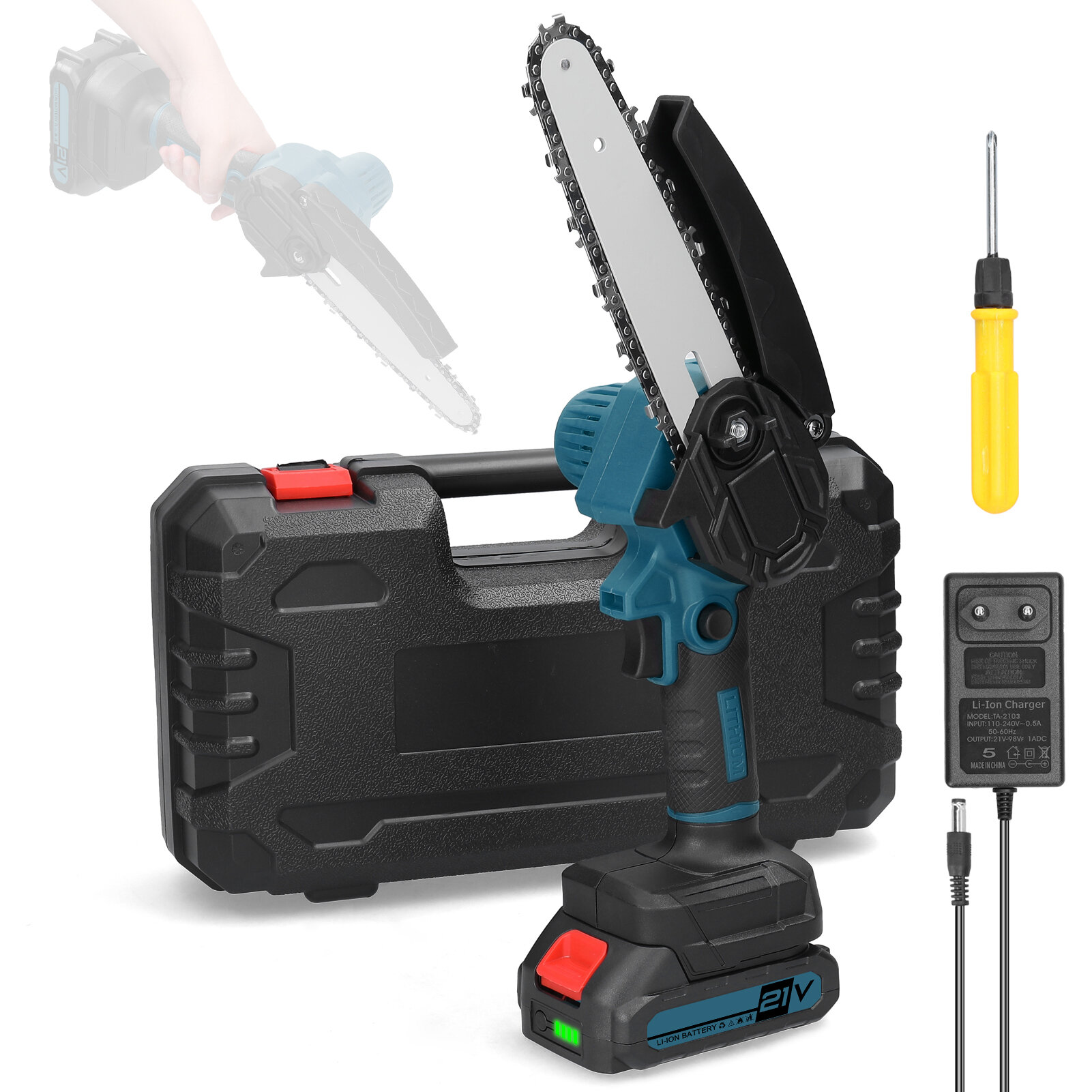 Электрическая пилорама для обрезки 21V 6 дюймов портативная с электродвигателем щеточного типа одноручный инструмент для деревообработки для садовых и плодовых садов для резки 1 или 2 аккумулятора 1300 мАч ABS металл