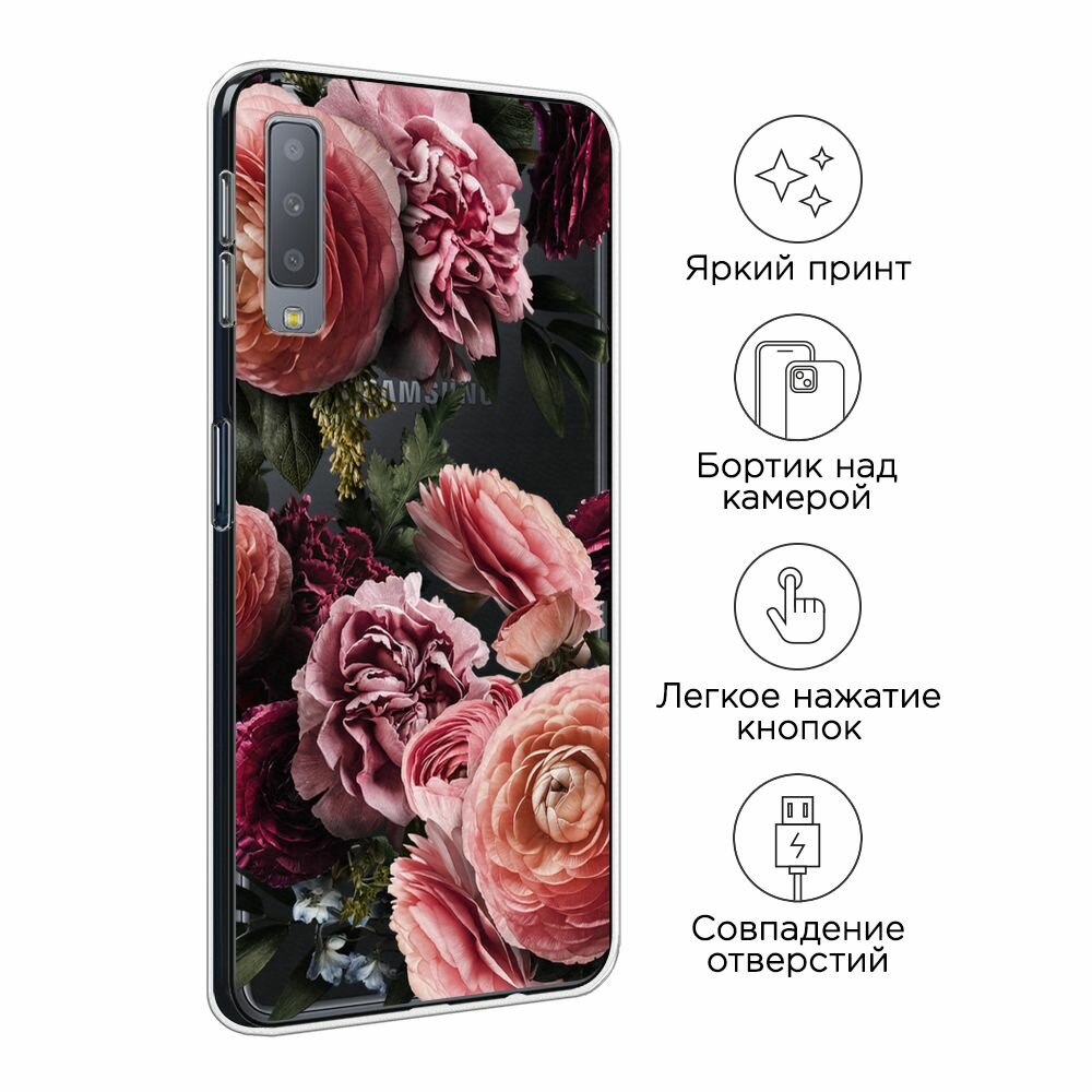 Чехол на Samsung Galaxy A7 2018 / Самсунг Галакси А7 2018 с принтом "Бордовые винтажные цветы", прозрачный — фото 1