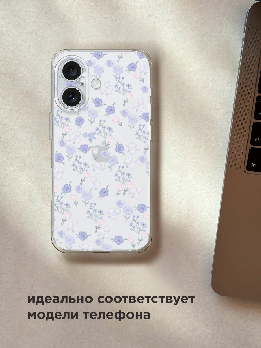 Чехол на Apple iPhone 16 / Айфон 16 с принтом "Сиреневые розы паттерн", прозрачный — фото 1