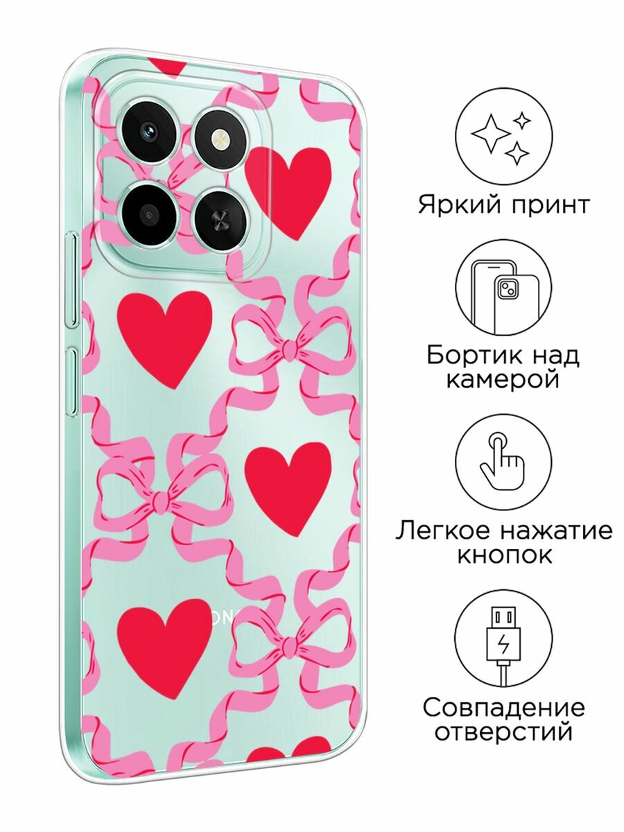 Чехол на Honor X6c / Хонор X6c с принтом "Hearts and ribbons 2 - 14 февраля", прозрачный — фото 1