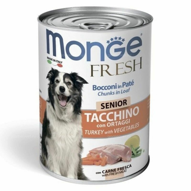 Влажный корм Monge Dog Fresh Chunks in Loaf для пожилых собак, мясной рулет со вкусом индейки и овощей (4шт по 400г)