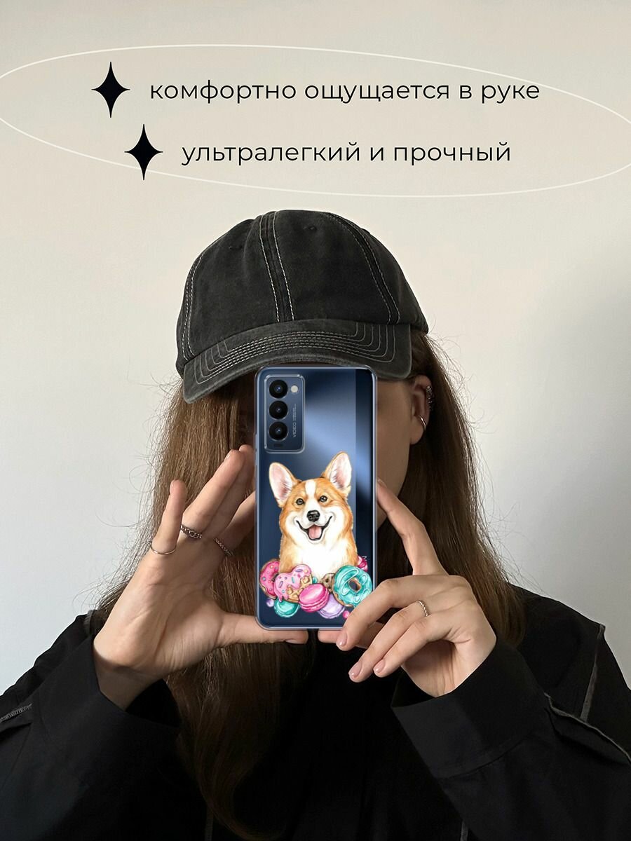Чехол на Tecno Camon 18P / Техно Камон 18Р с принтом "Корги и сладости", прозрачный — фото 1