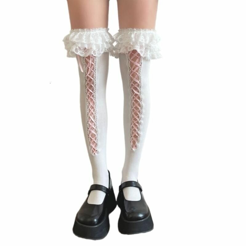 Y2K Чулки выше колена с кружевным ремешком для горячей девушки в балетном стиле на бретельках-белый