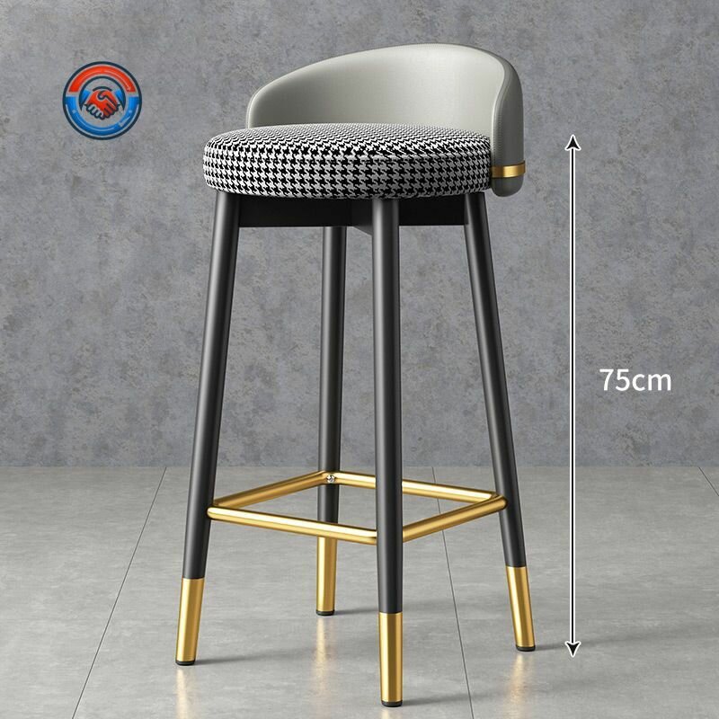 Барный стул серый 75 см в скандинавском стиле, металлический барный табурет с мягкой кожаной спинкой и подушкой для кухни, кафе, ресторана