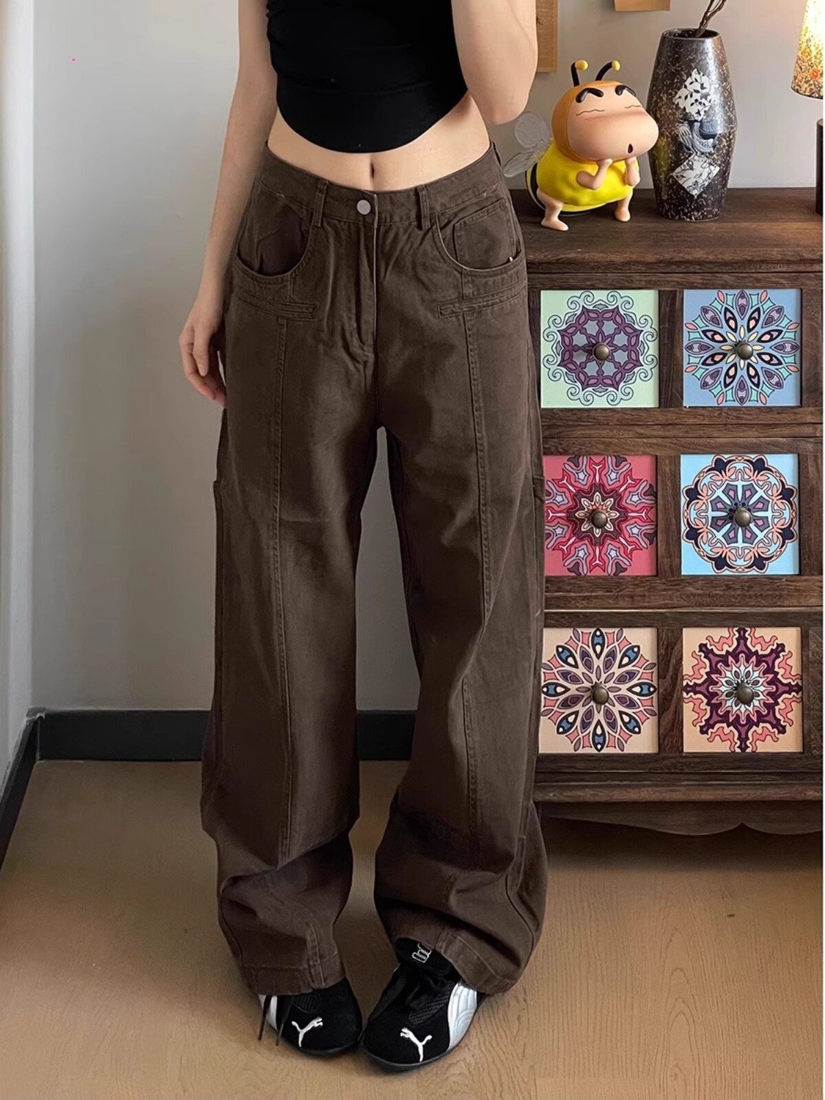 Охоты Брюки JYL Дамские джинсы: Американский стрит, кофейные, низкая талия, широкие Чистый цвет талии_S