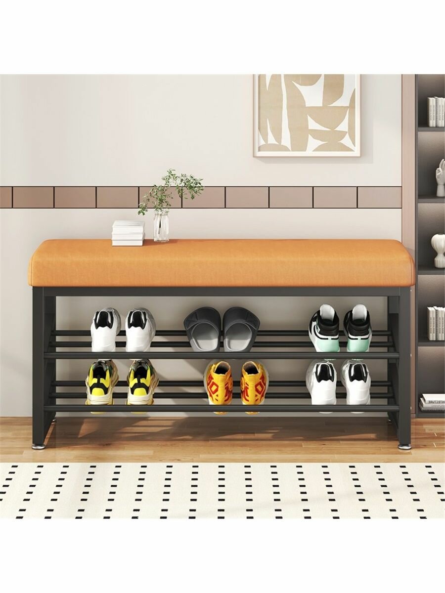 Обувница для прихожей 2 полки / 100х30х50см / черный каркас /серый