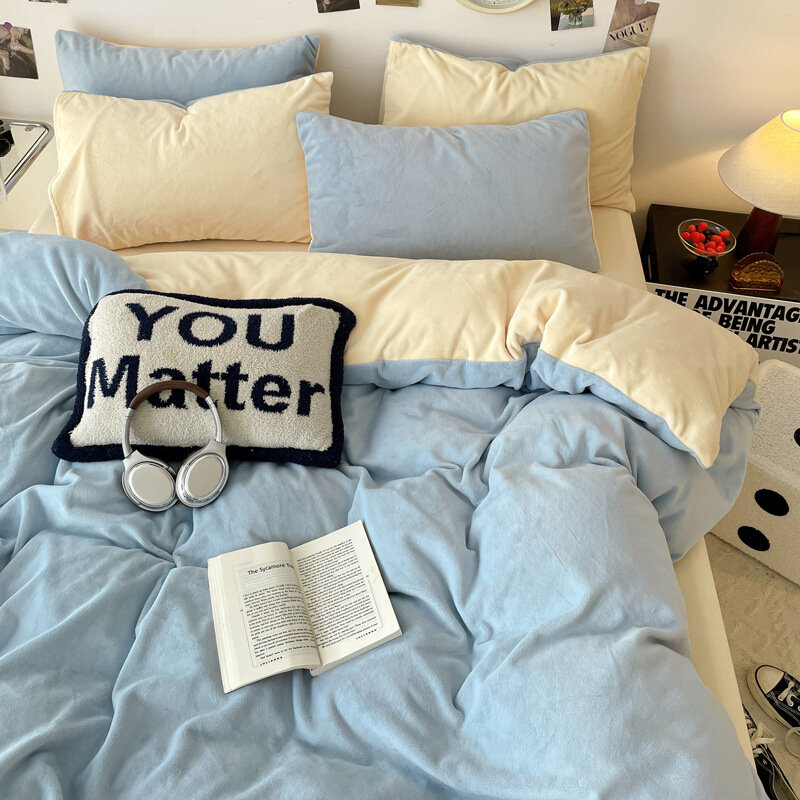 Двухслойный молочный флис, комплект из четырех зимних простыней на резинке с флисовой подкладкой и утолщенной основой, а также комплект из трех зимних пододеяльников премиум-класса серого цвета,150*200cm