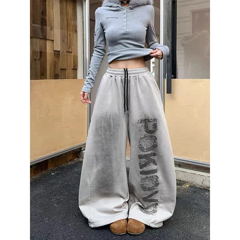 Женские джинсы ZY Серые с печатью Oversize танцевальные 2000-х эстетика хип-хоп