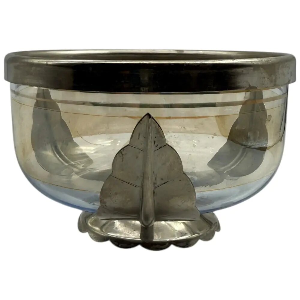 Конфетница "Листок" на ножке, 8.5 см, стекло, металл, 1970-1980 гг, СССР