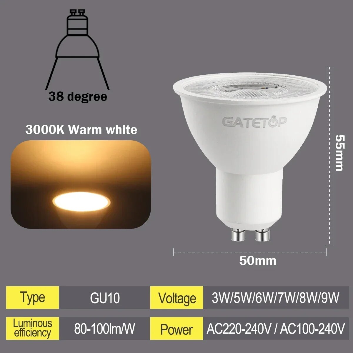 Светодиодные лампы GU10 Naturelight 5-9 Вт 5 шт. 38degree 3000K, AC220-240V, 5 Вт