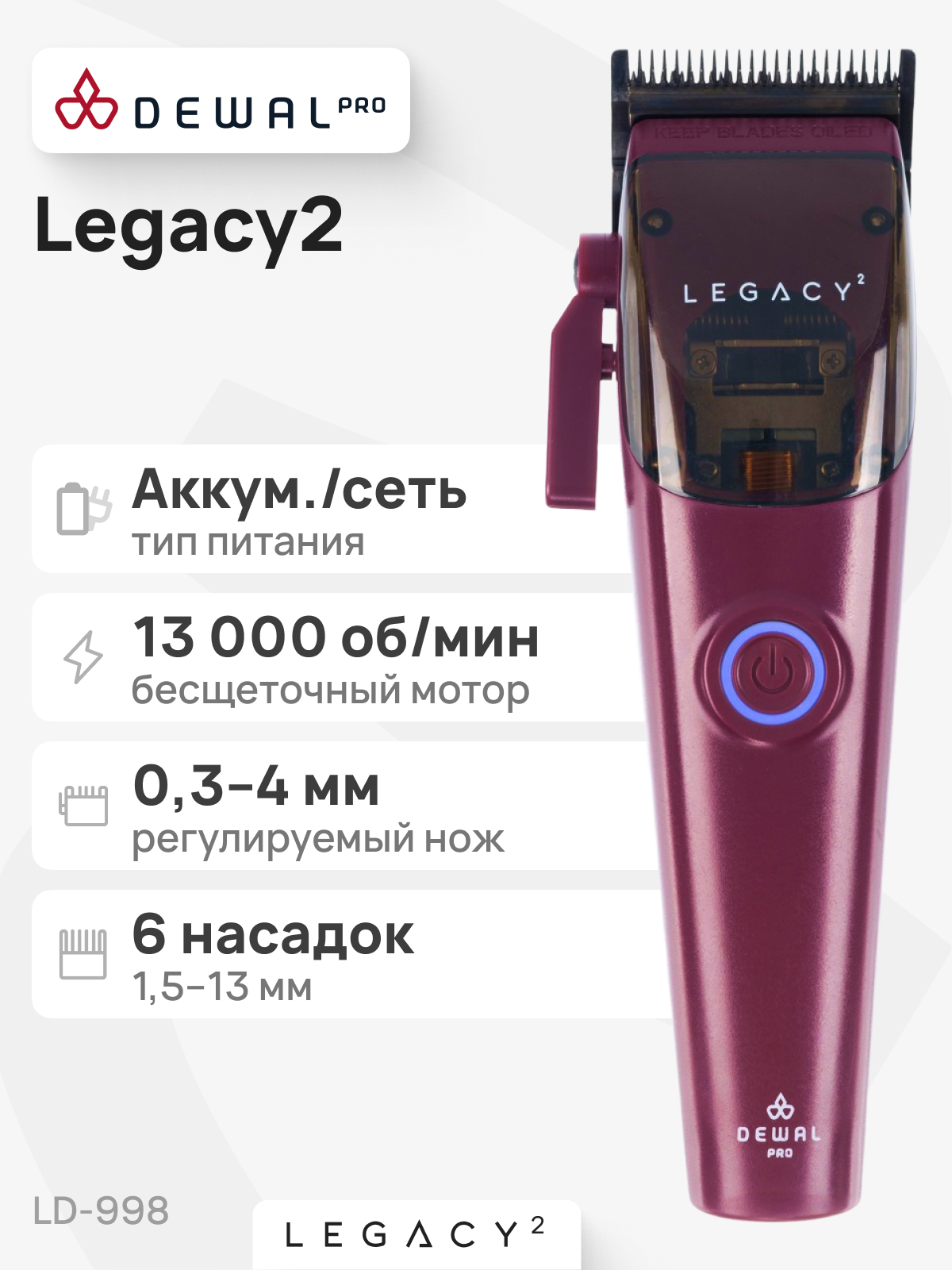 Машинка для стрижки Dewal Pro Legacy2 LD-998, автономное/от сети, нержавеющая сталь