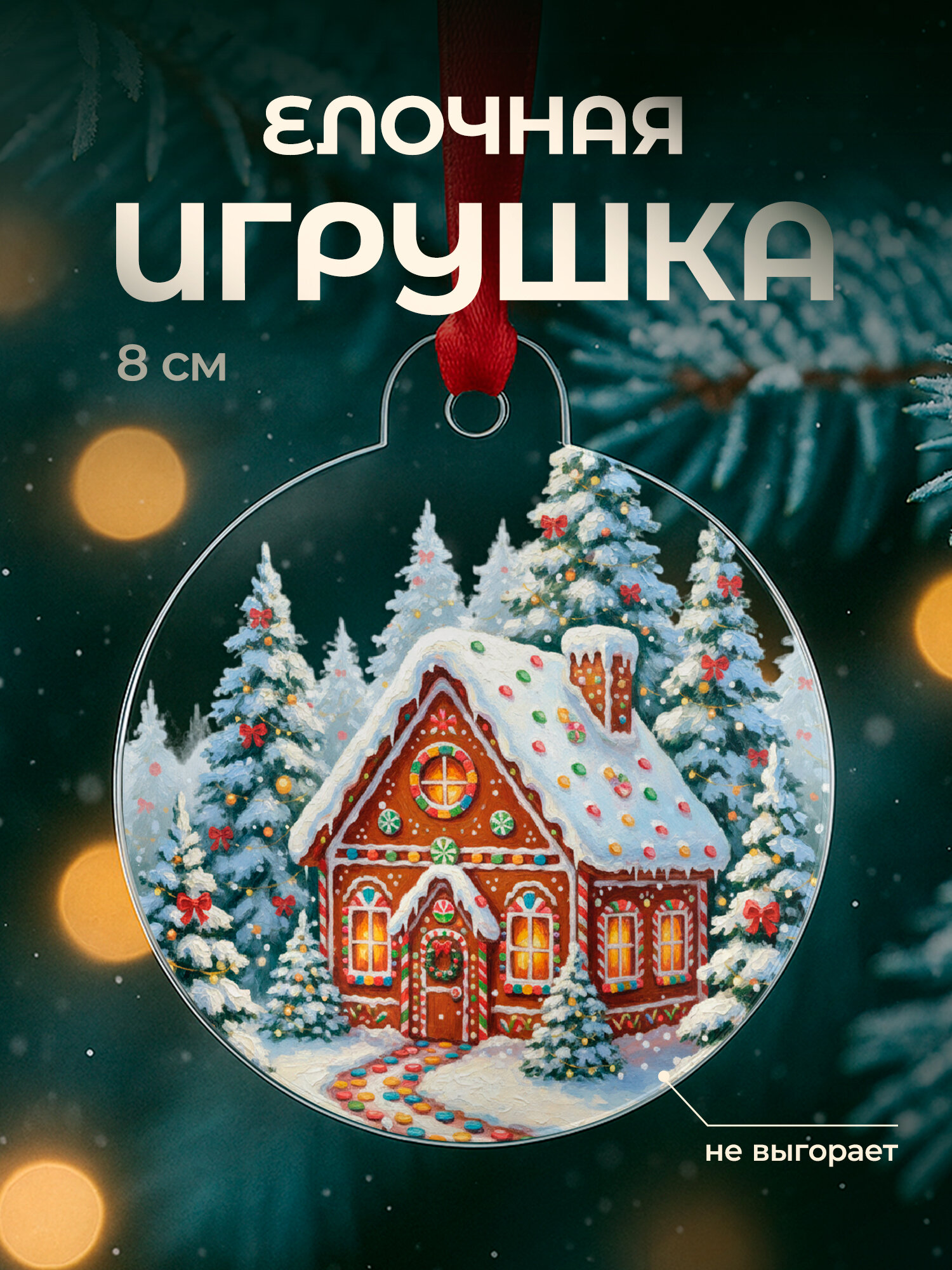 Елочная игрушка новогодняя плоская, акрил, 8 см с принтом Пряничный домик