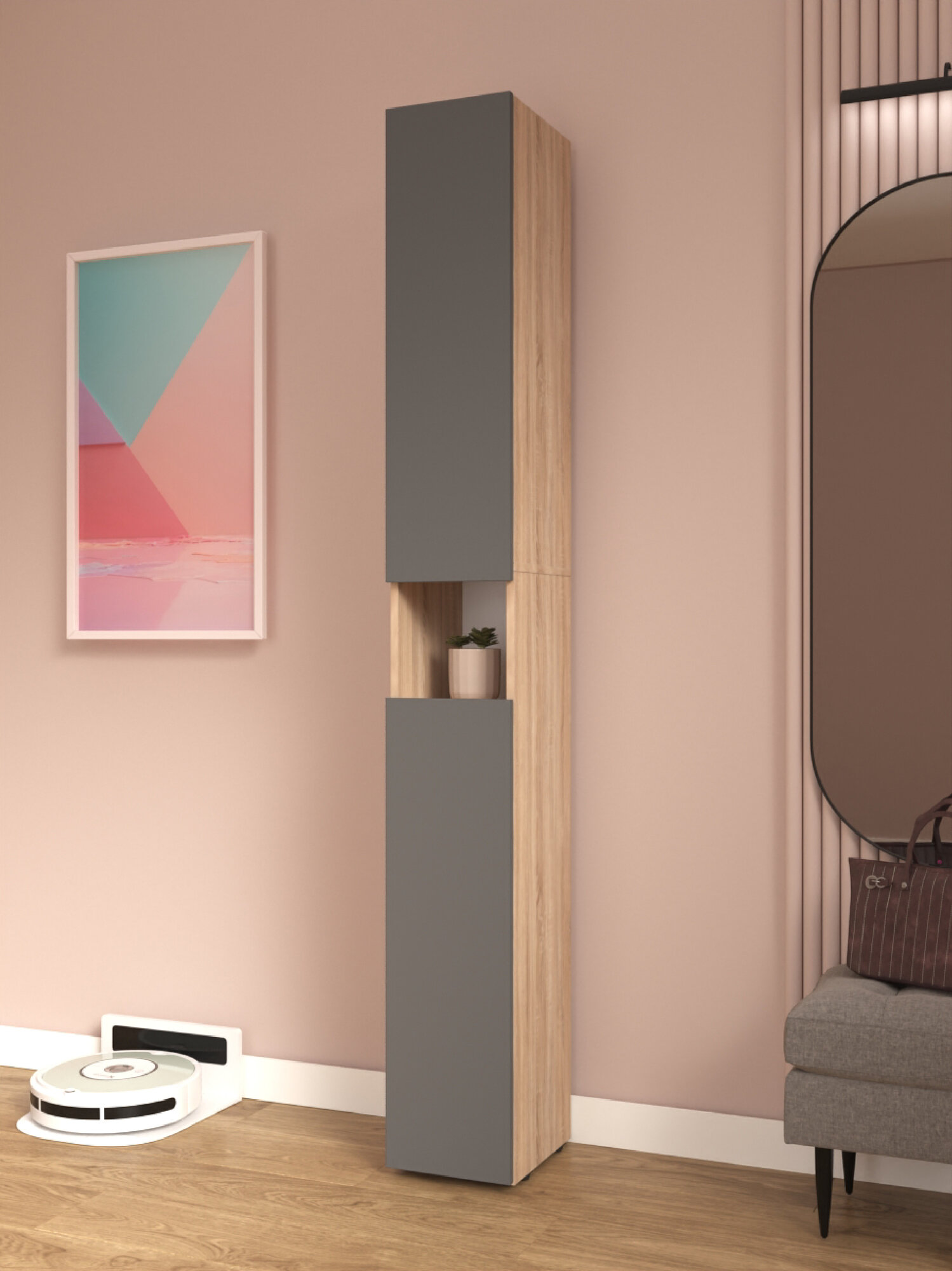 Шкаф-пенал Milkstone "Дуб-Графит", минимализм, ЛДСП, 2 двери, 198см, с доводчиками