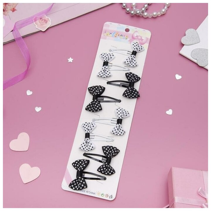 Набор невидимки для волос 'Бантики', клик-клак, черный/белый, текстиль/металл, 8 штук