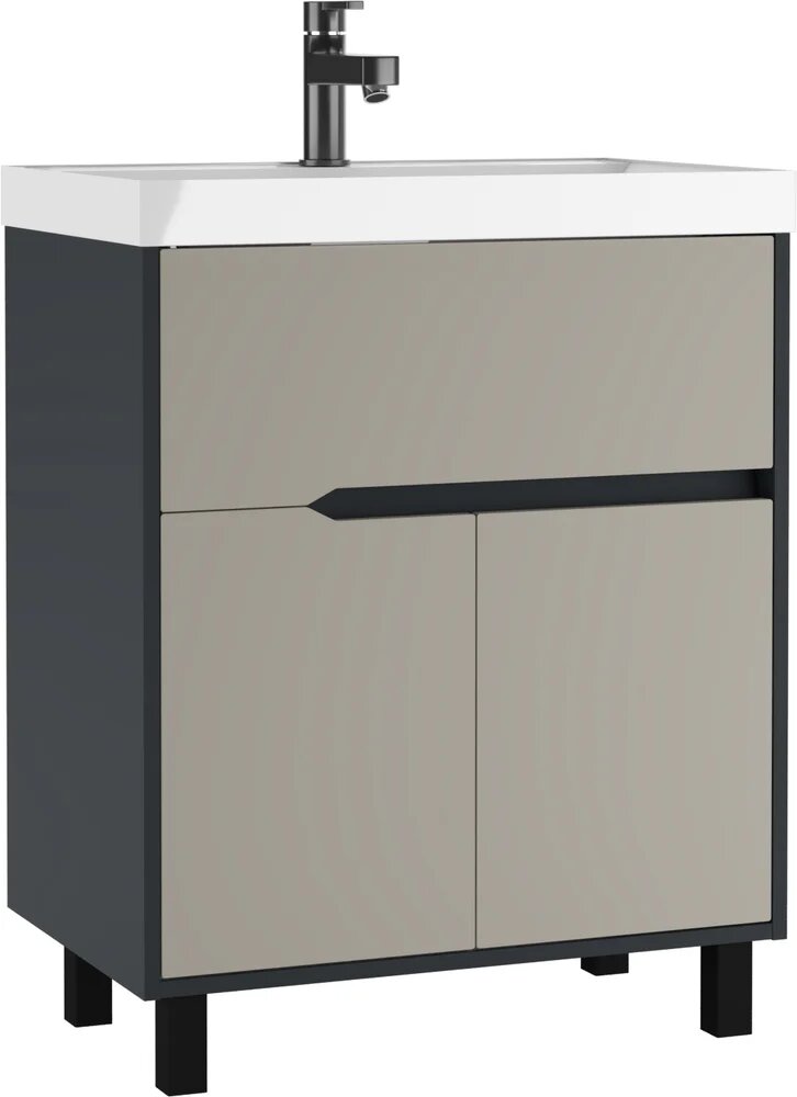 Тумба под раковину без столешницы Домино Карат (Karat) 70 напольная, с ножками, серая, матовая, из МДФ, тумба для ванной, с ящиками, с дверками