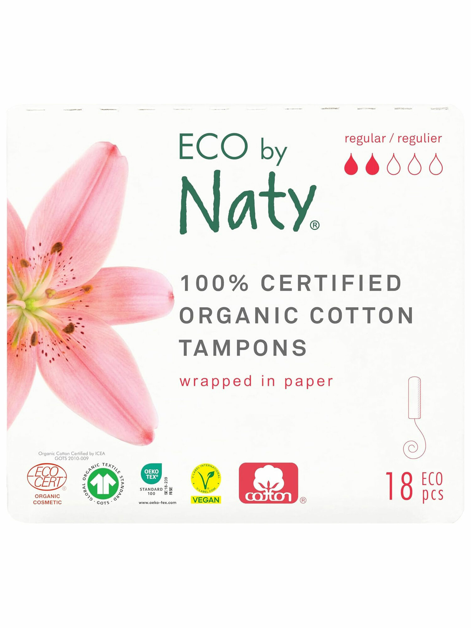 Органические гигиенические тампоны Eco by Naty Regular, 2 капли, 18 шт