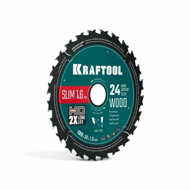 Диск пильный по дереву, KRAFTOOL Slim wood cut 190 х 30 x 1.6 мм, 24Т