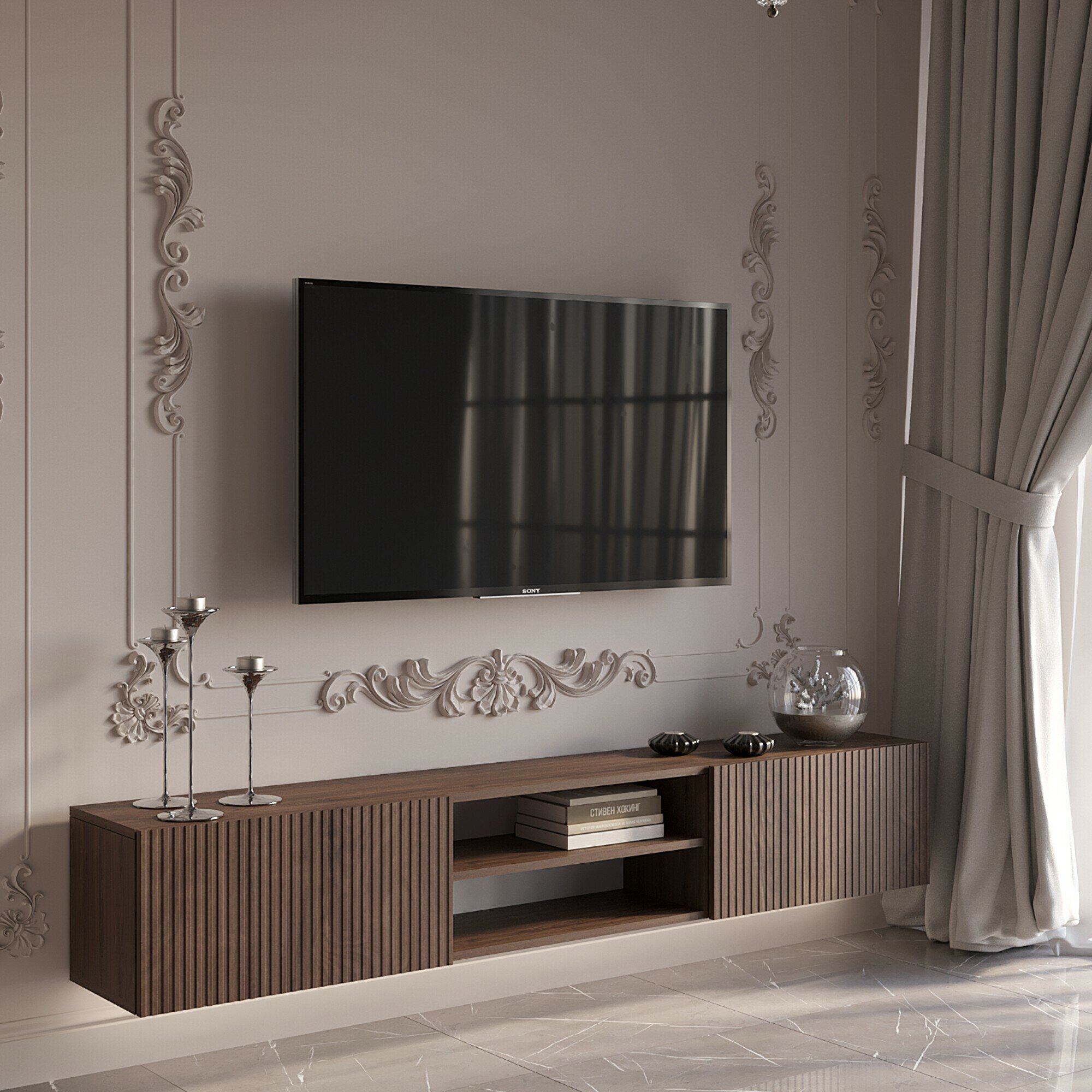 Тумба под телевизор цифра мебель Ника 1800 Дуо Тумба, 180х27х30 см, ЛДСП/МДФ, крепление к стене