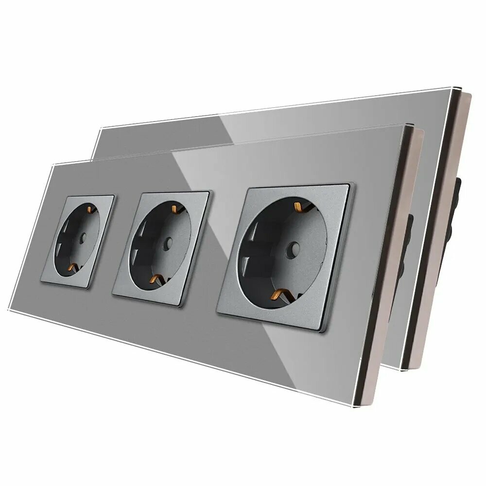 Розетка электрическая 1+1+1 на 3 поста с заземлением Евророзетка панель закаленное стекло серые 16A 2шт.