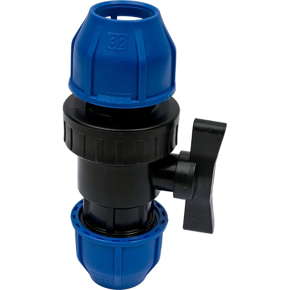 ПНД кран Rvc 32 UNIO/09895 прямой запорный разборный из полипропилена с бабочкой, для водопроводных бытовых систем — фото 1