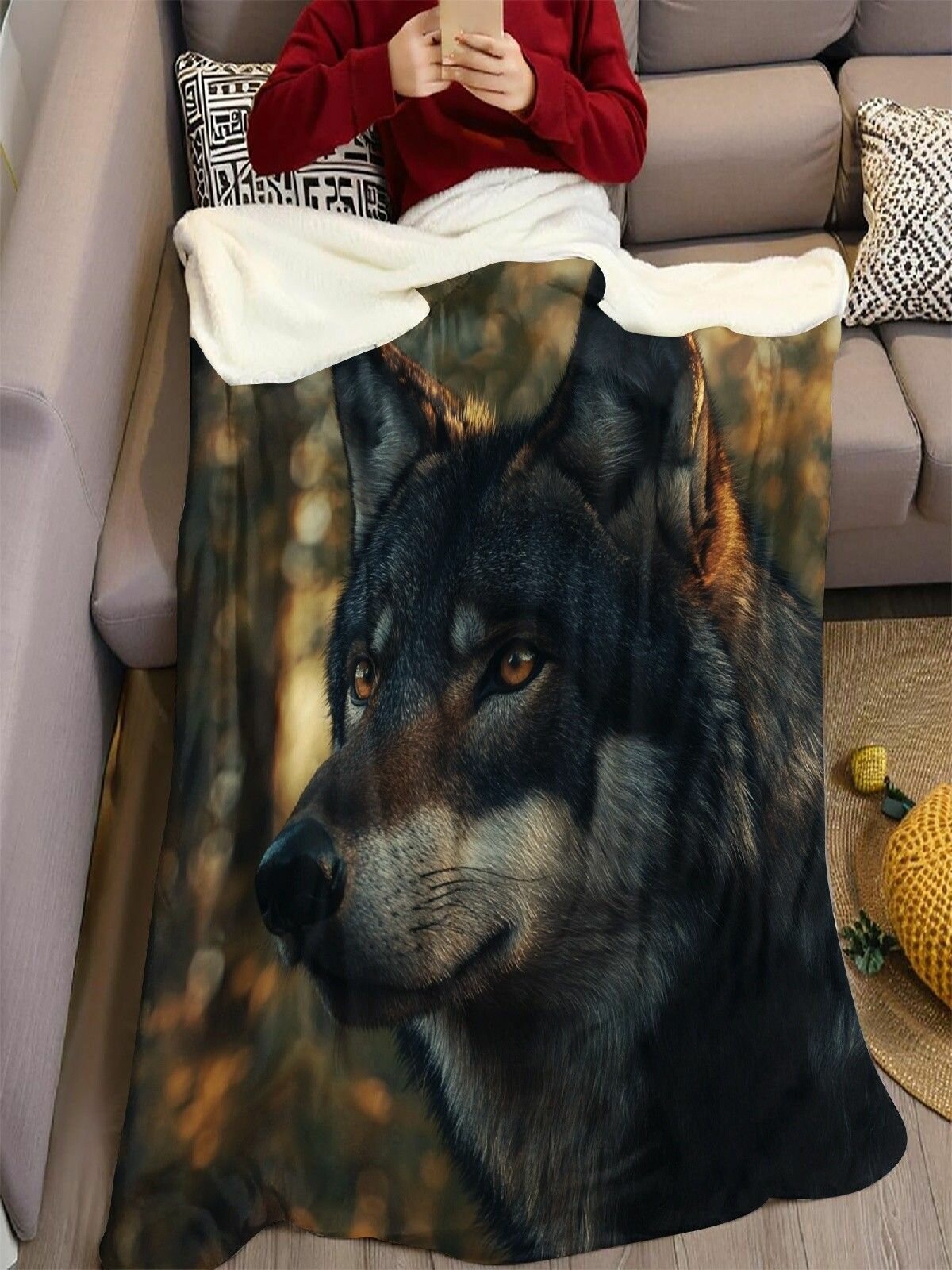 Плед фланелевый 220 x 200 cm с Лесной волк принтом, пушистое мягкое одеяло для дивана и кровати