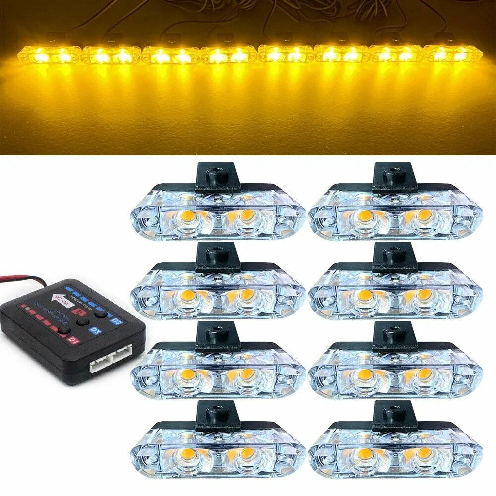 Модули 8шт. 2 светодиодных желтых автомобильных стробоскопа, Светодиодная мигающая лампа решетки радиатора, Лампа аварийной сигнализации 12 В