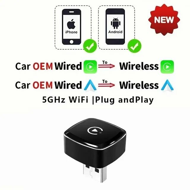Беспроводной адаптер Carplay для Android iPhone Auto 2 в 1, проводный к беспроводному разъему AI Box USB для Volvo Benz Mg Kia Chery VW