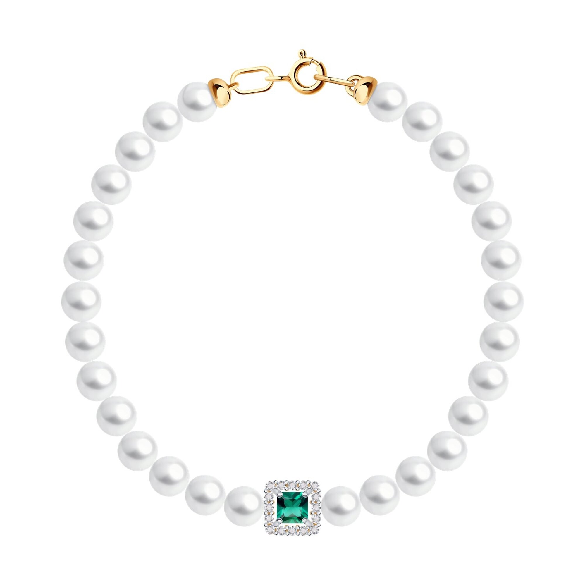 Браслет, красное золото, 585 проба, жемчуг, изумруд синтетический, сапфир
