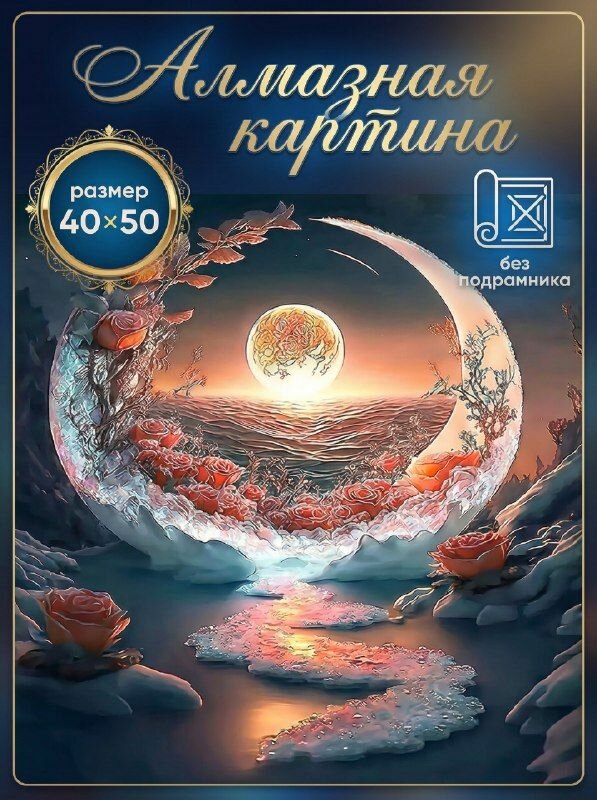Алмазная мозаика Картина стразами "Розовый водопад под лунным светом" 40х50 без подрамника
