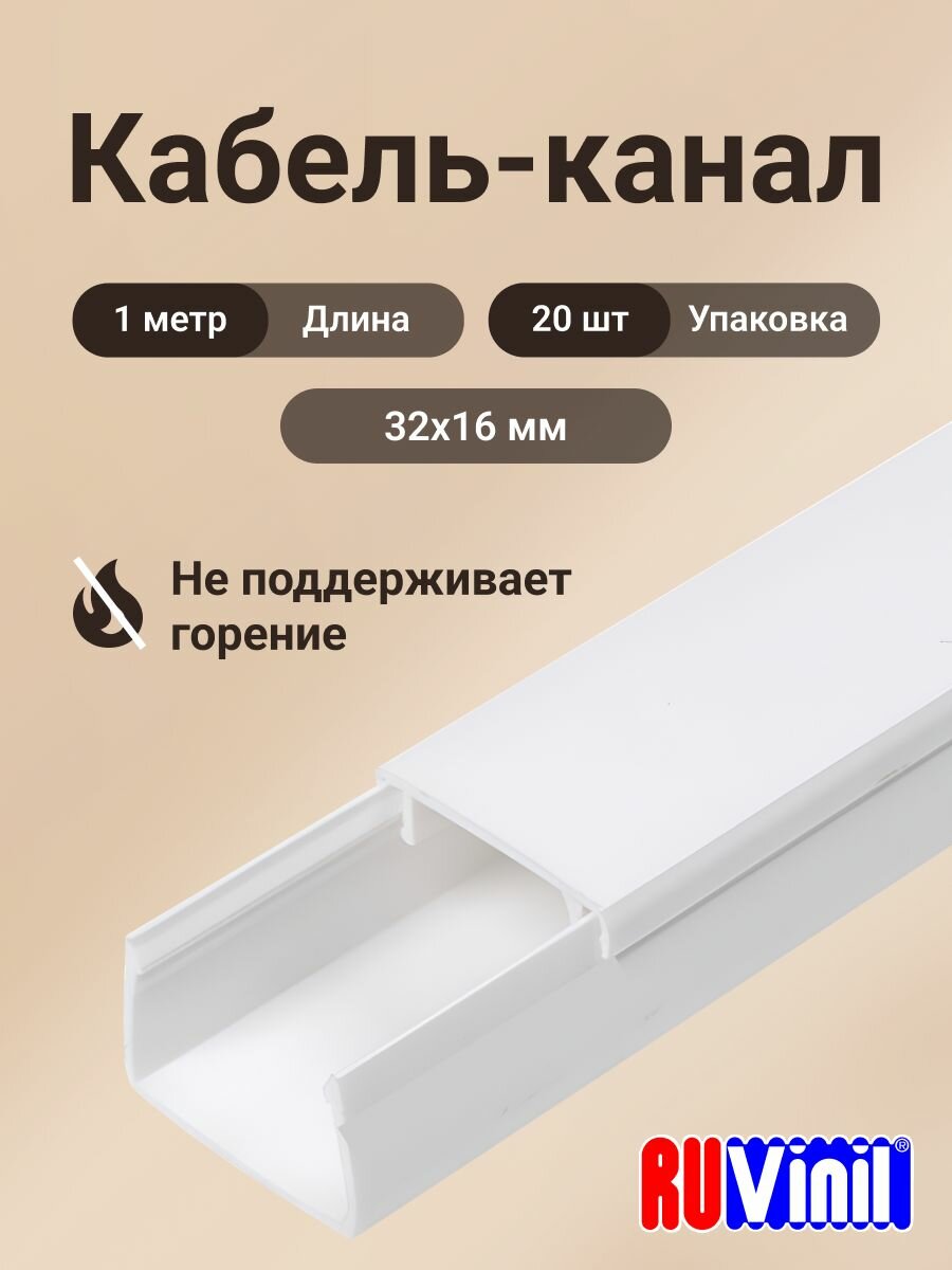 Кабель-канал для проводов белый 32х16 Ruvinil ПВХ пластик L1000 - 20шт