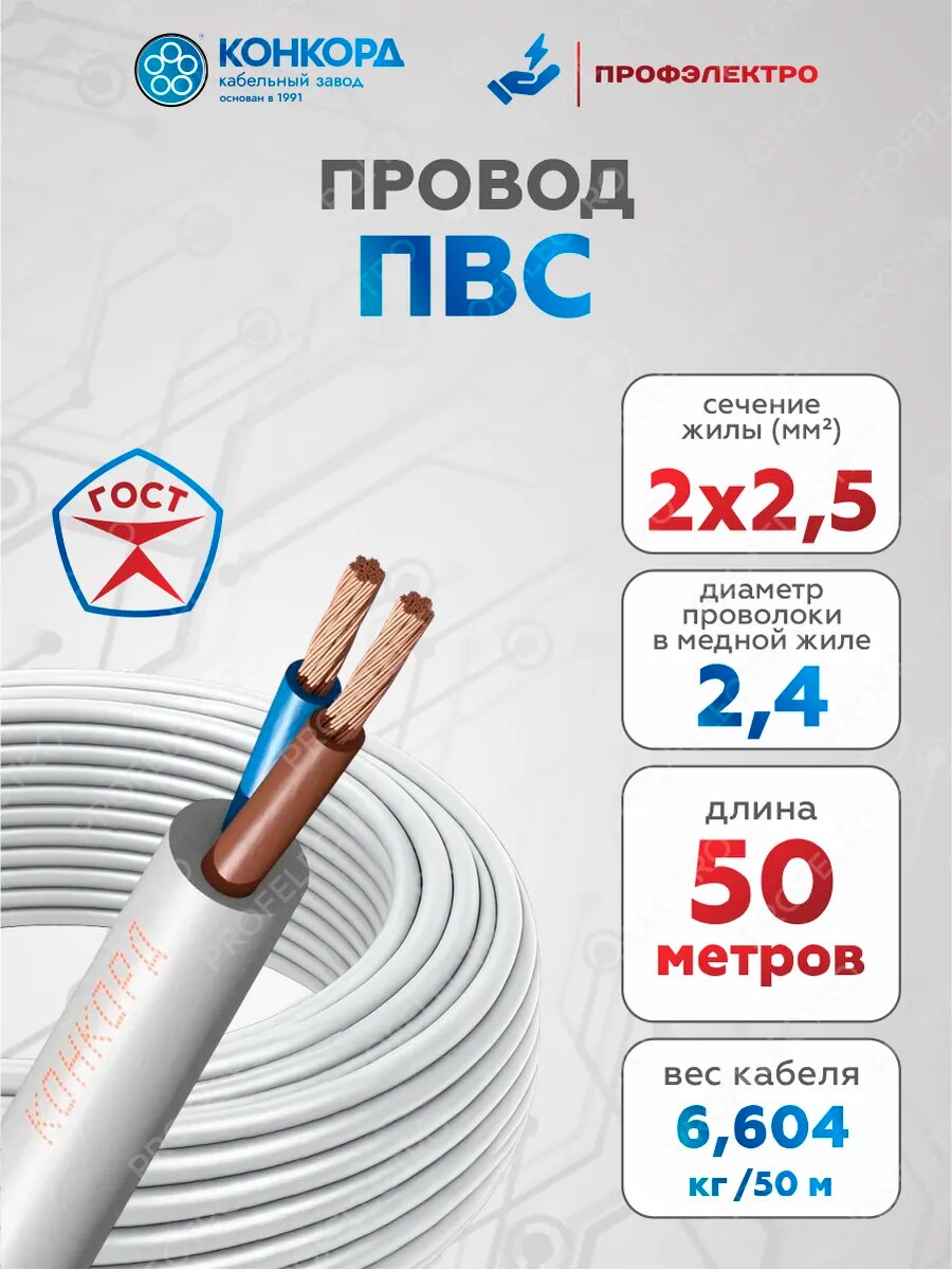 Электрический провод Конкорд ПВС 2 х 2,5 мм. 50 м.