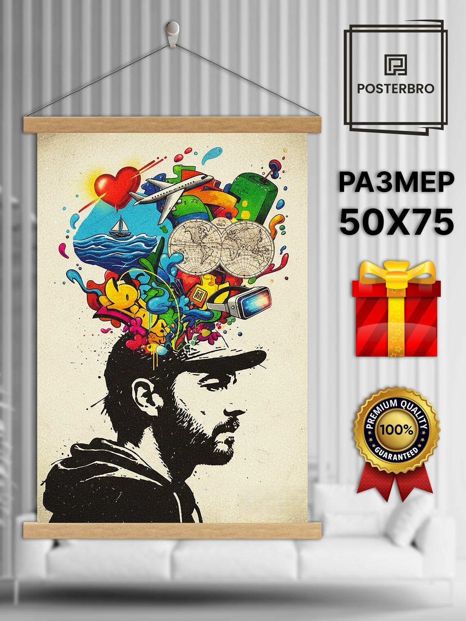 Постер на стену Posterbro интерьерный "Мысли" 50х75 см в стиле граффити в рамке