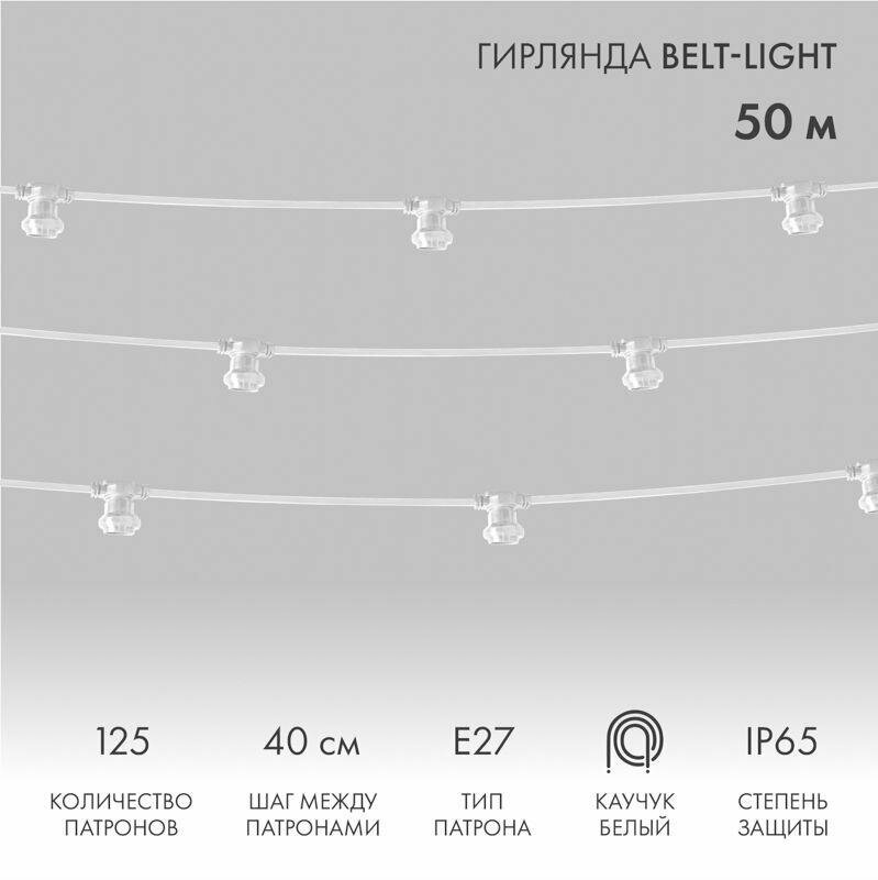 Гирлянда "Белт Лайт" 2жил. шаг 40см патроны E27 1320Вт IP65 влагостойкая провод бел. (уп.50м) Neon-Night 331-252