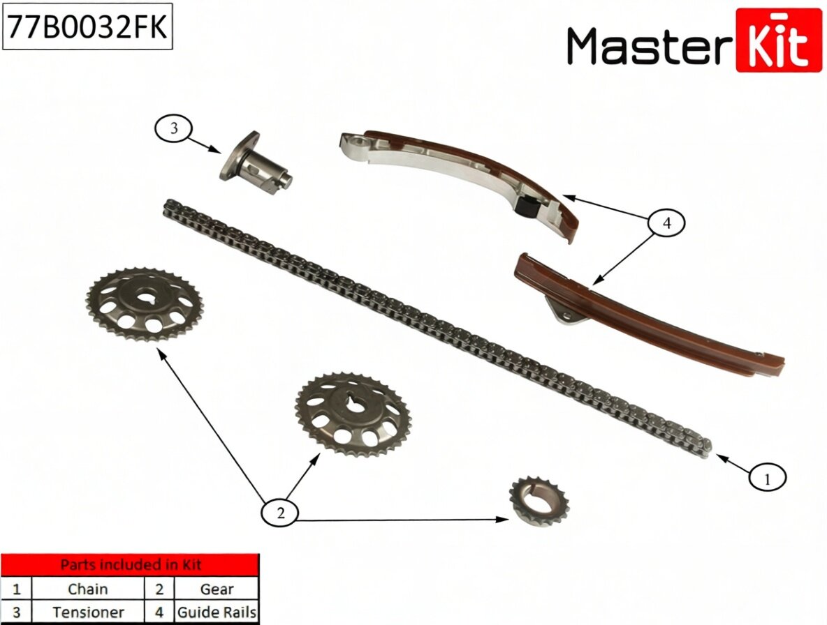 Комплект цепи ГРМ TOYOTA Corolla 1.4i-1.6i-1.8i 1ZZ-FE/3ZZ-FE/4ZZ-FE 00- 77B0032FK MasterKit арт. 77