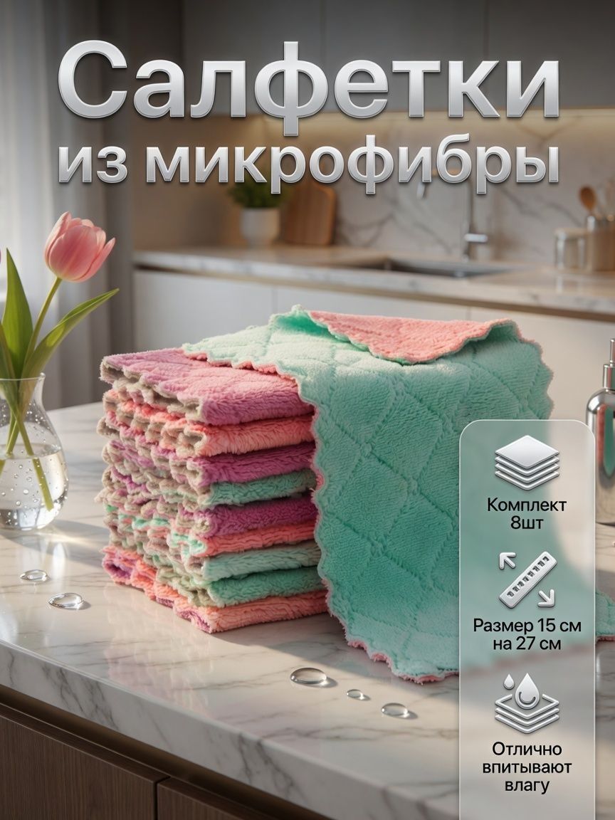Салфетки для уборки, тряпки для кухни из плотной микрофибры , размер 15х27см - 8 шт.
