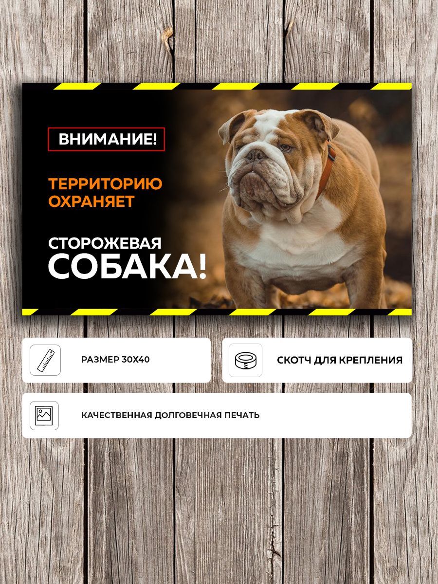 Красивая табличка "Осторожно злая собака" с Английским бульдогом черная А3 (40х30см)