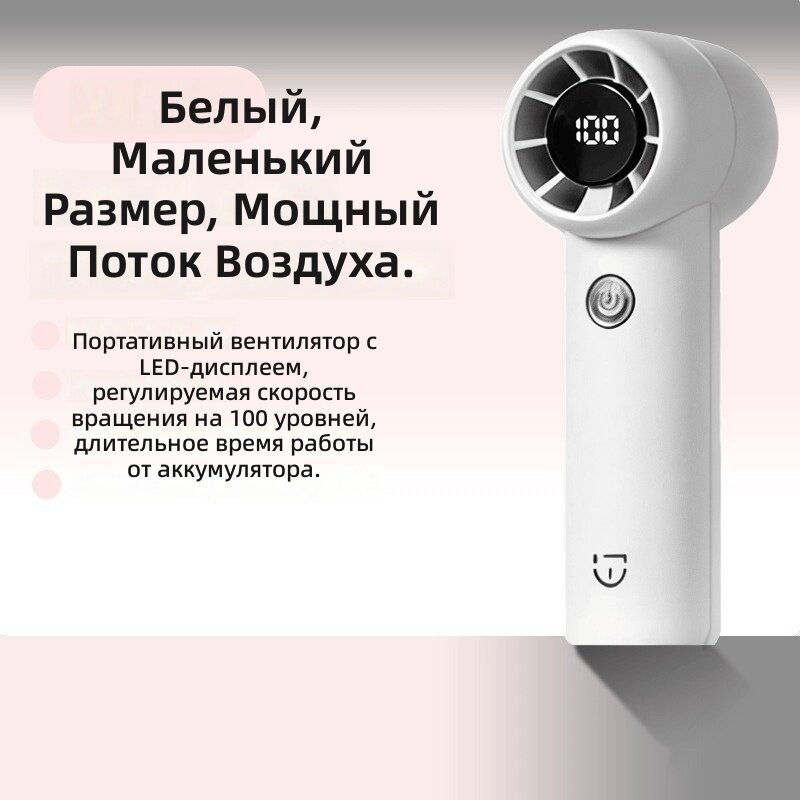 Портативный мини-вентилятор с регулировкой скорости и дисплеем, компактный, длительная работа от аккумулятора, белый