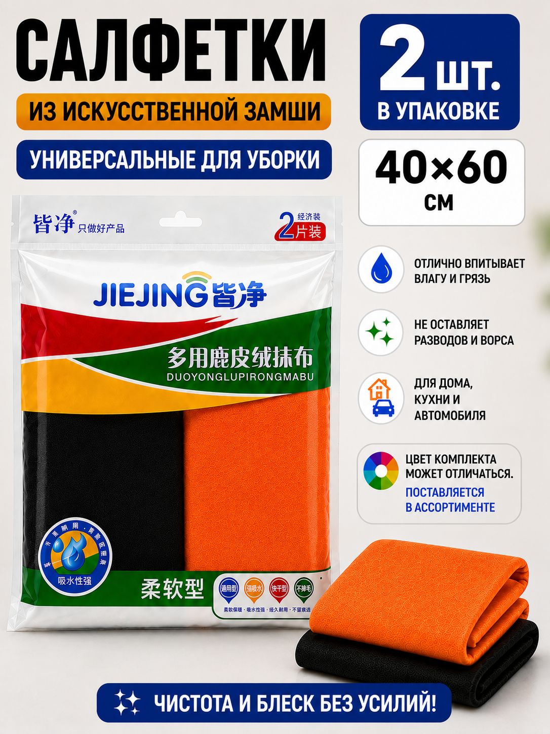Салфетки для уборки универсальные из искусственной замши 40*60 см, 2 шт, для автомобиля, дома, стекол и зеркал, без разводов.