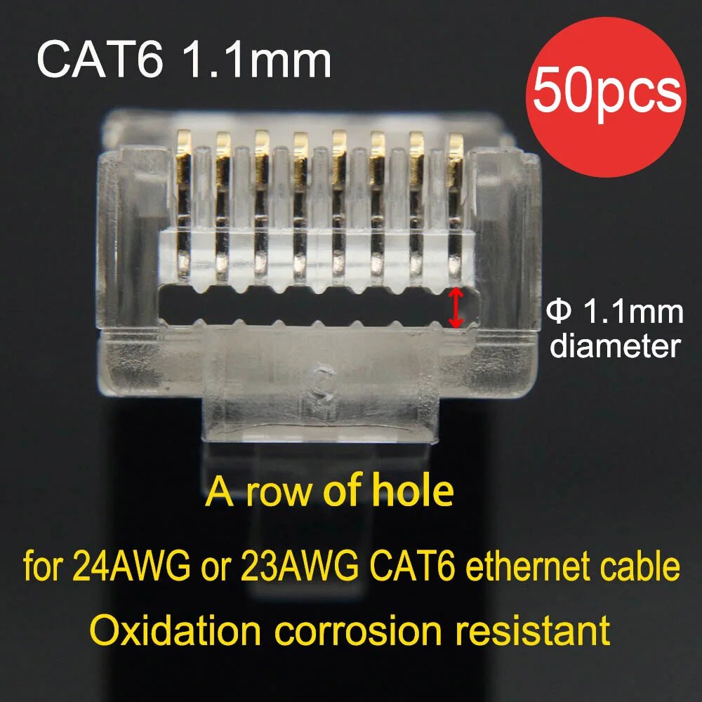 50шт RJ45 коннектор CAT6 1.1мм, 24/23AWG
