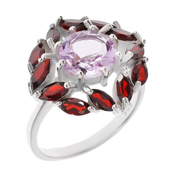 Кольцо тонкое, серебро, 925 проба, родирование, аметист, гранат