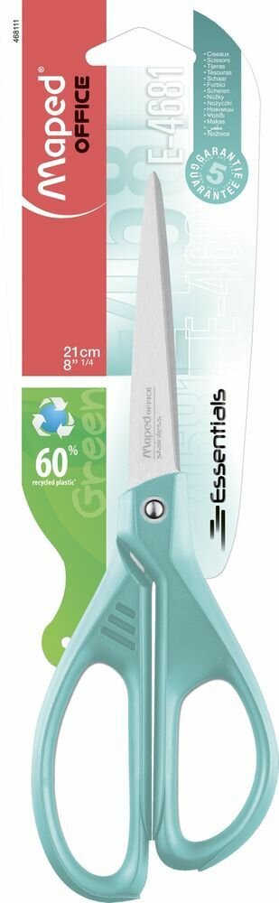 Ножницы эргономичные 21 см, MAPED ESSENTIALS COLOR, бирюзовые, асимметричные, в блистере