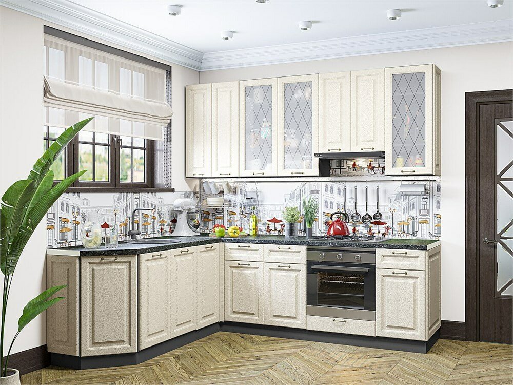 VVT Кухонный гарнитур модульный Ницца-03, каркас ЛДСП Graphite, фасад МДФ/Стекло Дуб крем, 2340*1890/2400*600 Дуб крем