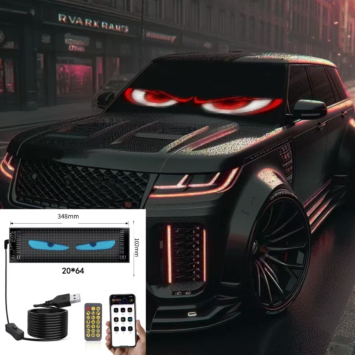 Гибкий светодиодный экран для окон в бытовых автомобилях, динамические большие глаза для лобовых стекол с программным управлением и дистанционным управлением 348*102 мм