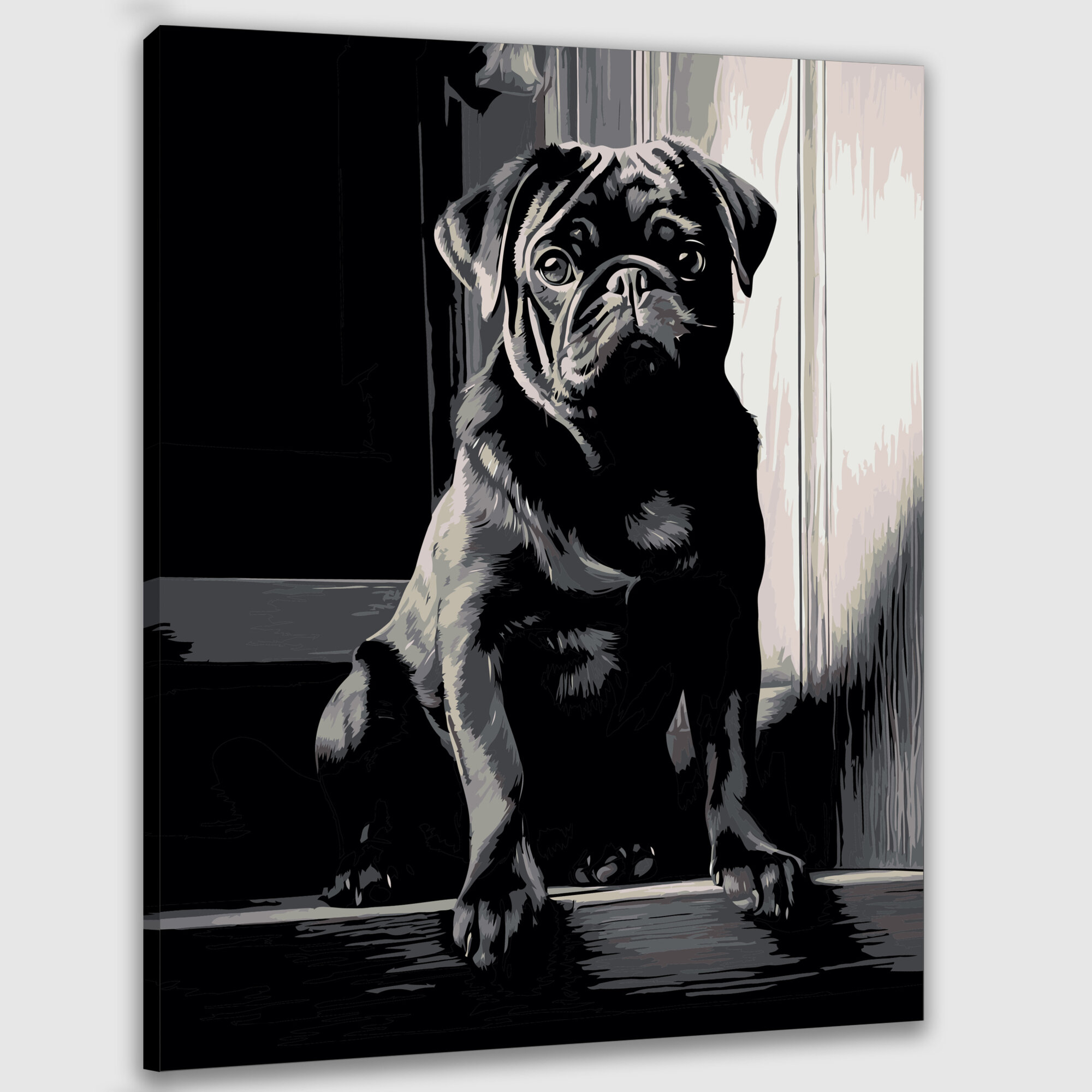 Картина по номерам 40x50 см, черно-белый рисунок, уголь, мопс, тень, контраст, свет, тьма
