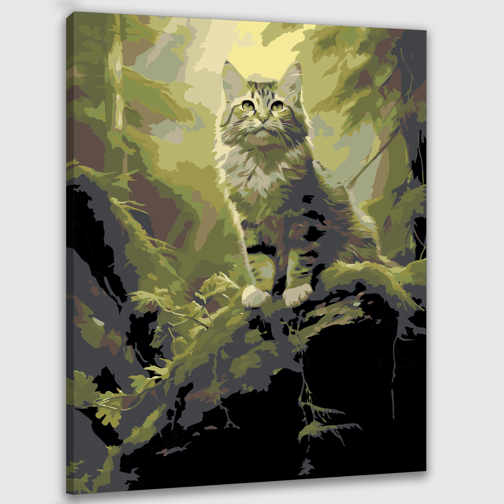 Картина по номерам 40x50 см, картина маслом, кошка мейн-кун, движения, перепрыгивает, ветки дерева, доброе поведение